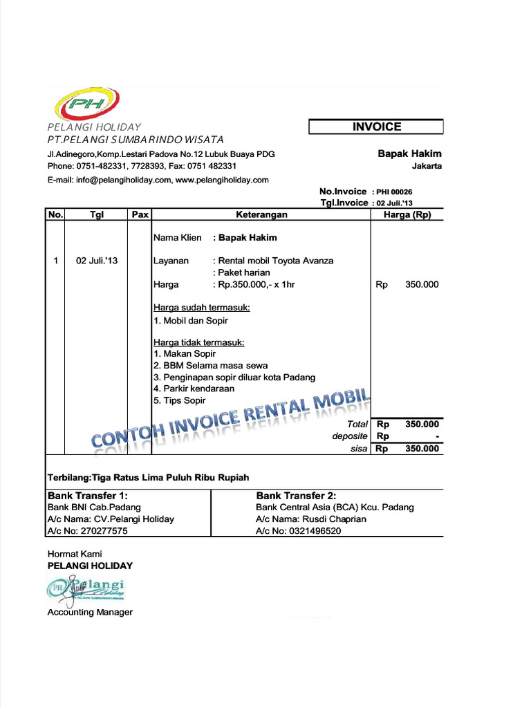 Invoice Rental Mobil Pelangi Holiday | PDF