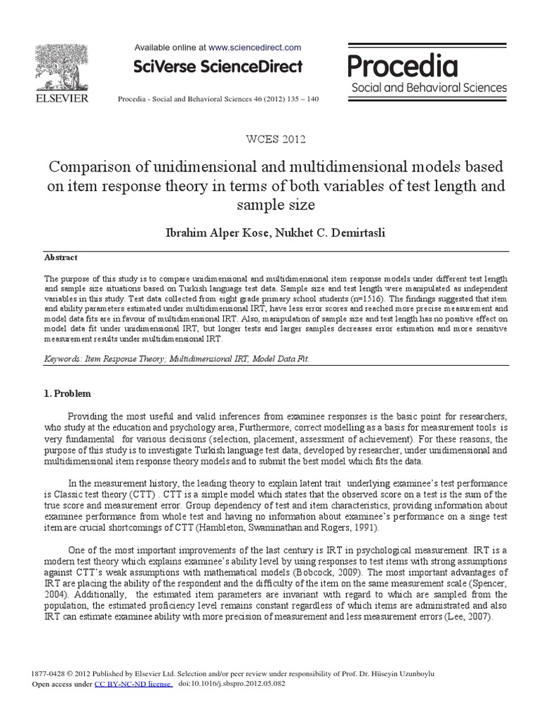 Comparison of Unidimensional and Multidimensional Models Based On Item Response Theory in Terms ...