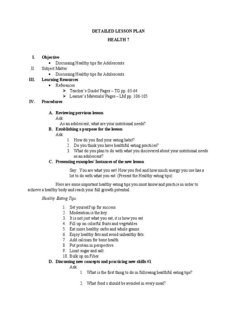 Detailed Lesson Plan For Health VII | PDF | Healthy Diet | Meal