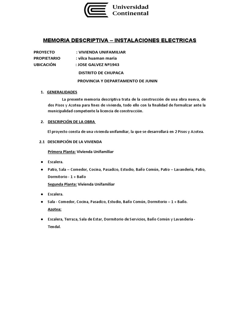 Memoria Descriptiva - Instalaciones Electricas | PDF | Cobre | Corriente alterna