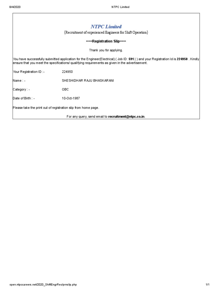 NTPC Limited Registration Slip | PDF