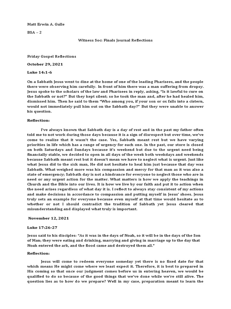 Gulle Finals Journal Reflection | PDF | Jesus | Noah