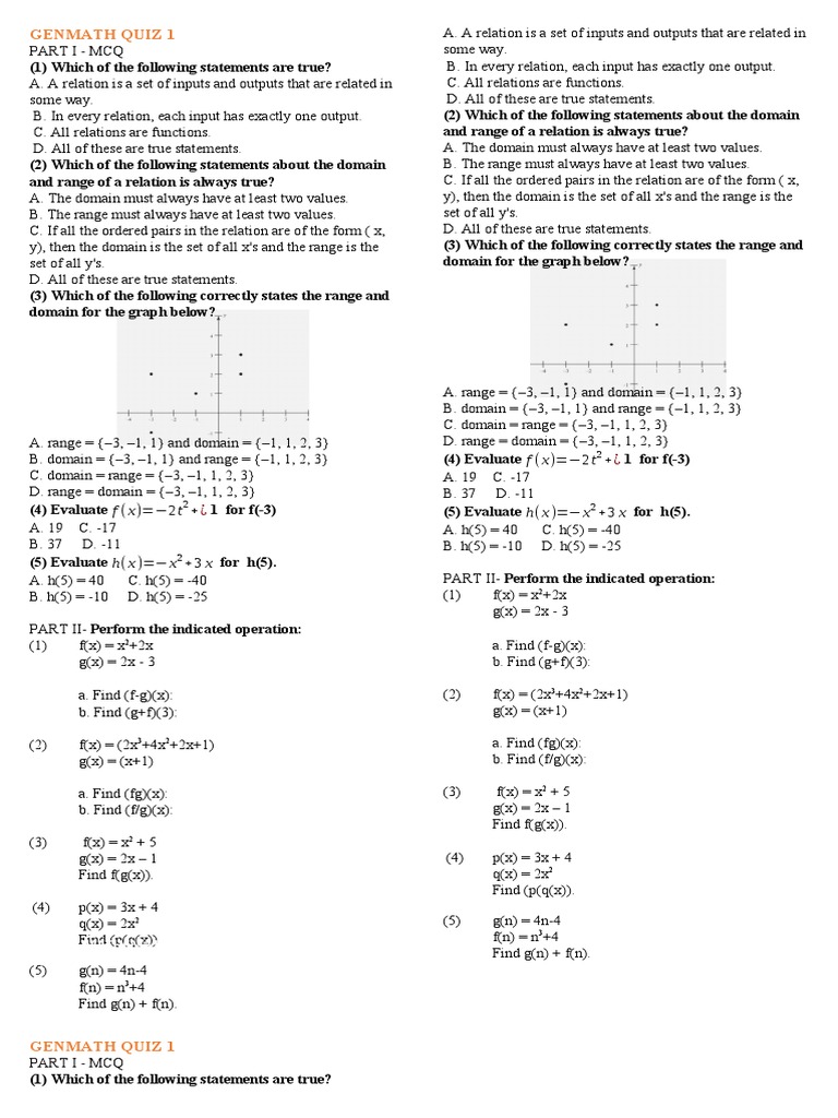 General Math Quiz: Functions & Operations | PDF | Function (Mathematics ...