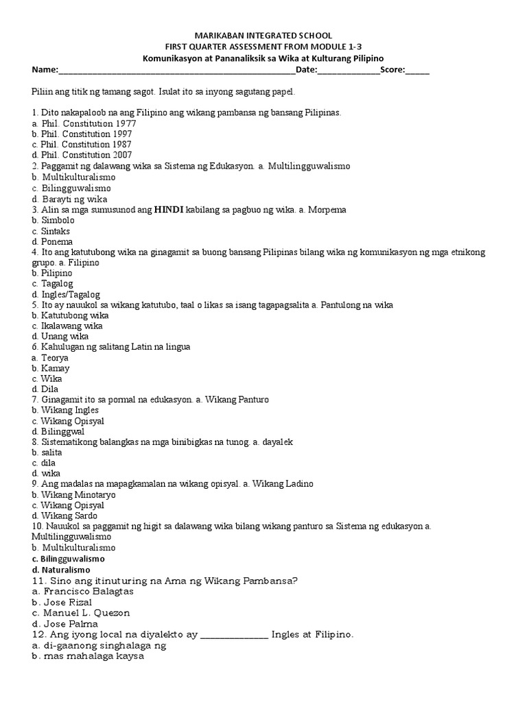 Marikaban Integrated School WK 1 - 3 | PDF