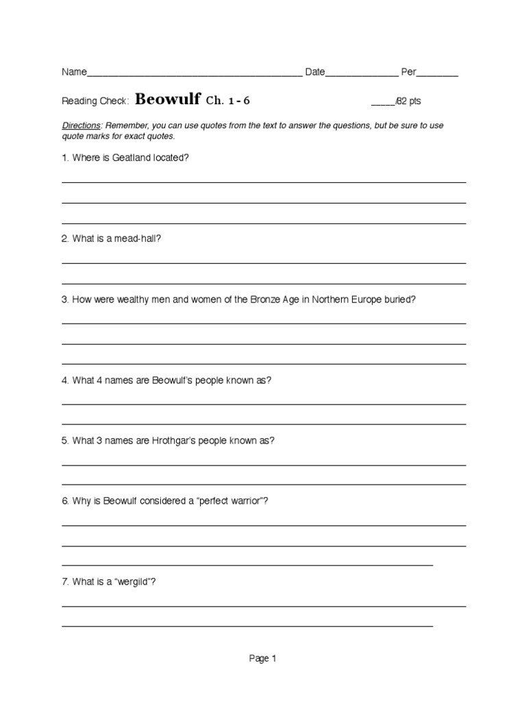 Beowulf Reading Check Worksheet | PDF | Beowulf | English Folklore