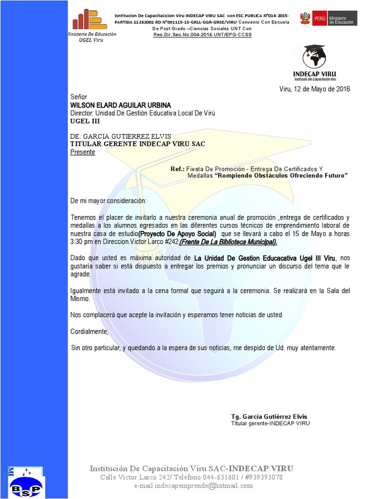 Carta de Invitacion A Fiesta de Promocion A Director Ugel | PDF