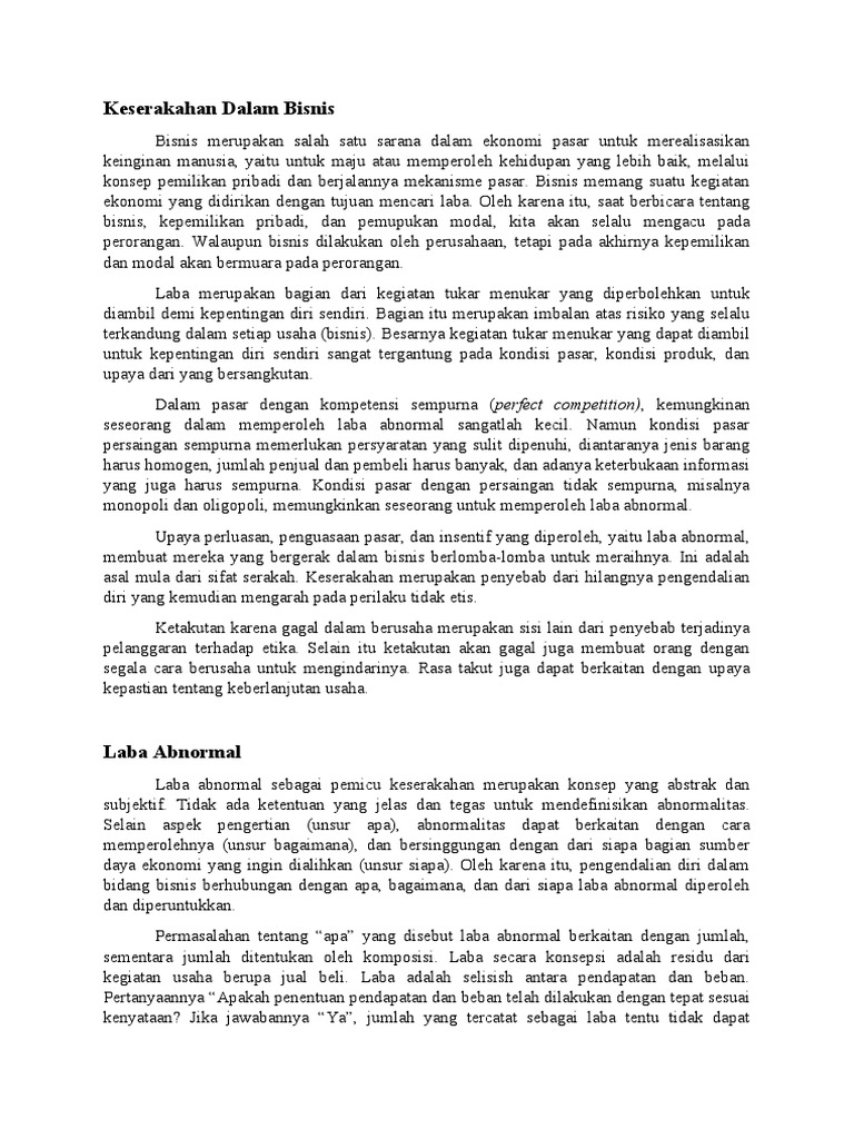 Keserakahan Dalam Bisnis, Laba Abnormal, Moral Hazard | PDF