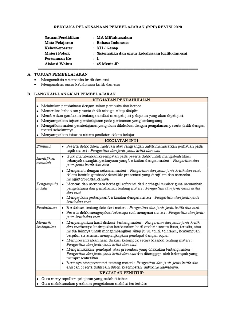 RPP 13 - Sistematika Dan Unsur Kebahasaan Kritik Dan Esai | PDF