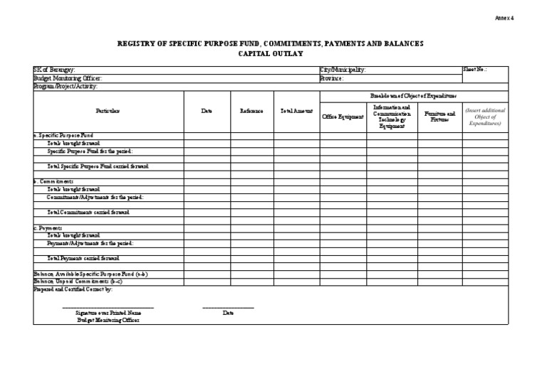 Registry of Specific Purpose Fund, Commitments, Payments and Balances Capital Outlay | PDF ...