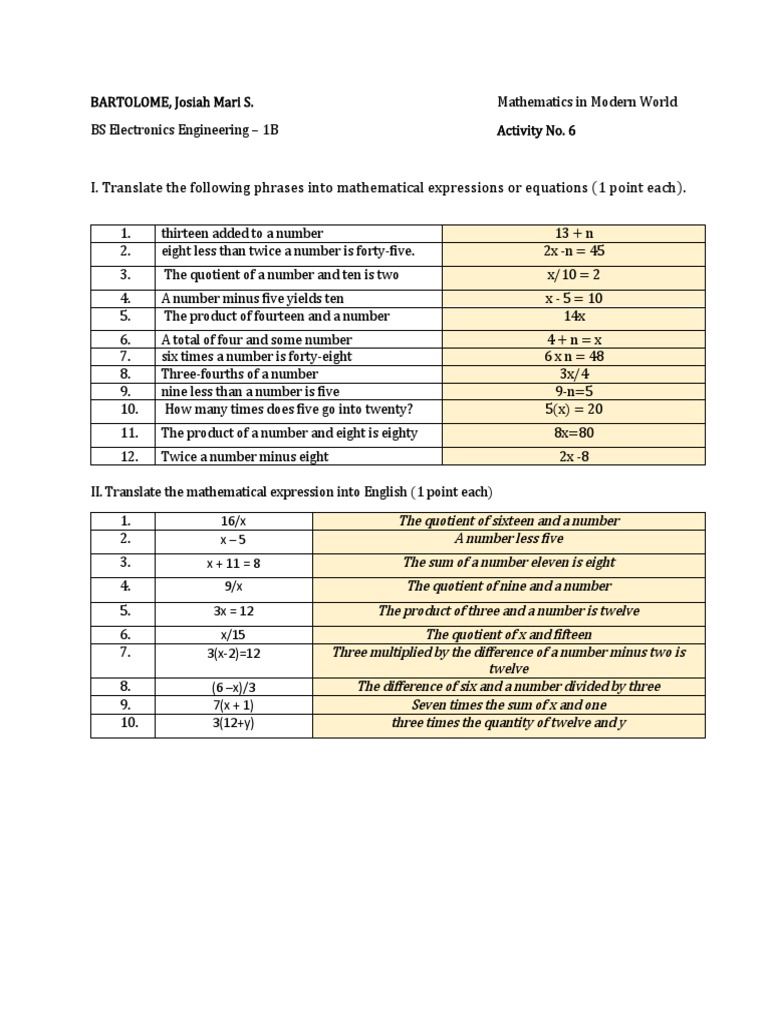 I. Translate The Following Phrases Into Mathematical Expressions or ...