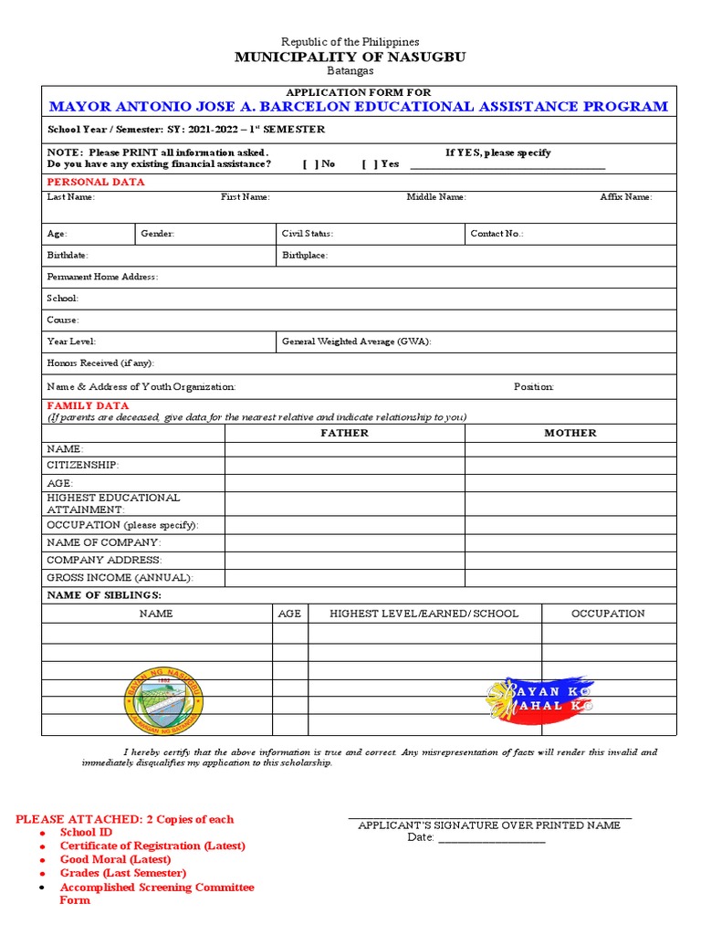 Financial Assistance Application Form 2021-2022 | PDF | Government And ...
