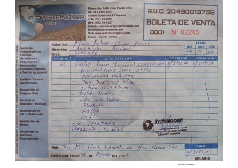 Boleta de Venta de Compra de LAPTOP | PDF