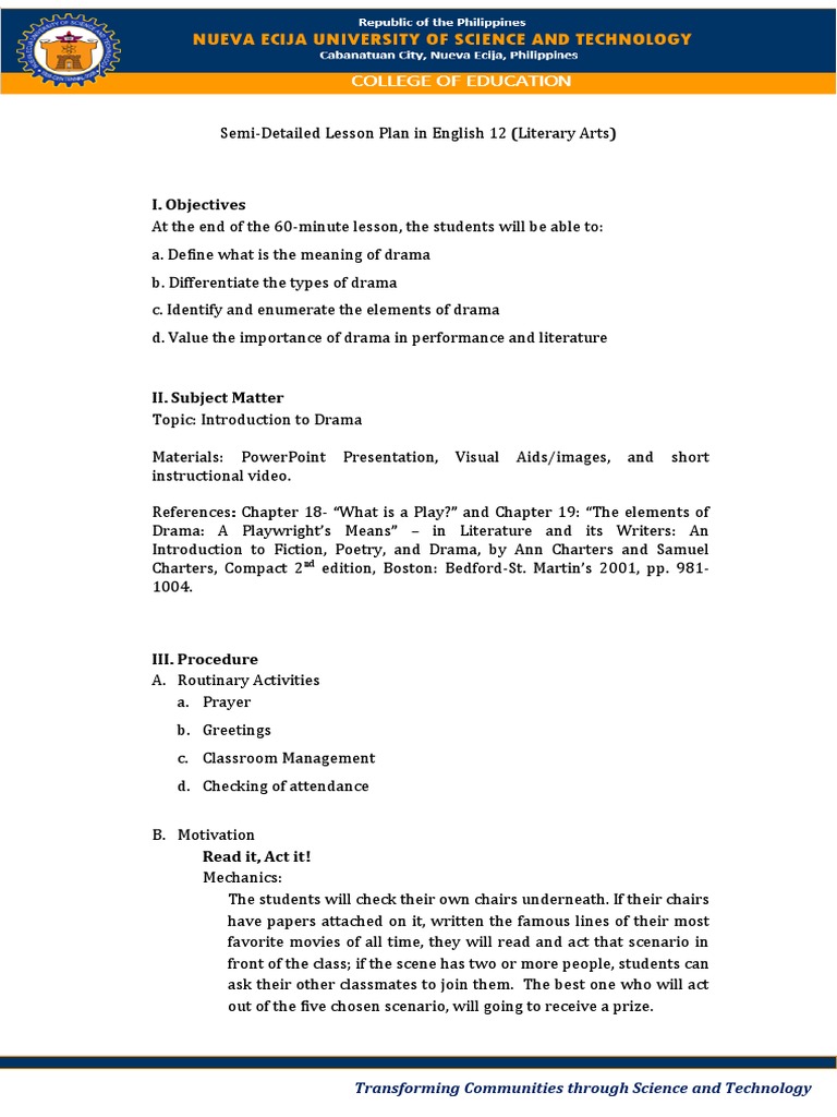 FINAL REQUIREMENT Semi Detailed Lesson Plan For Introduction To Drama ...
