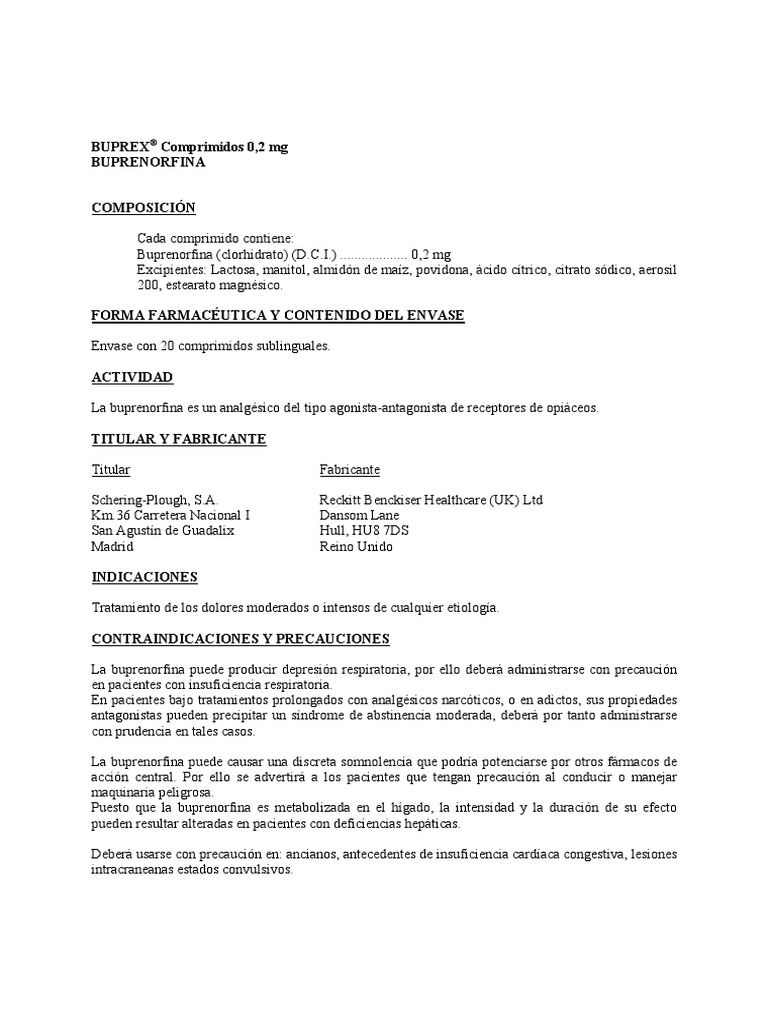 Buprex-Buprenorfina Prospecto | PDF | Medicina CLINICA | Farmacia