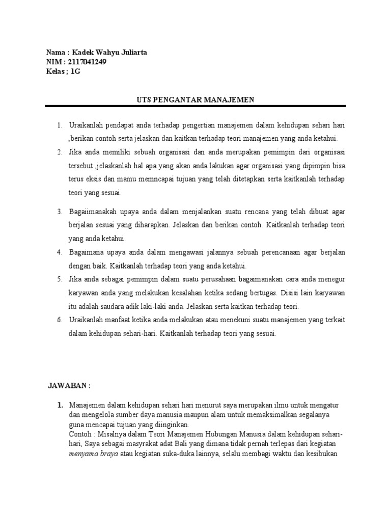 UTS Pengantar Manajemen | PDF