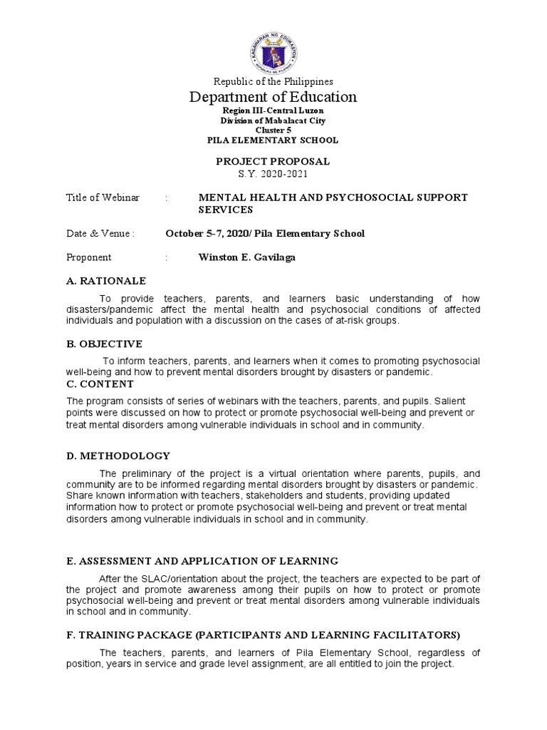 Project Proposal MPHSS | PDF | Teachers | Psychosocial