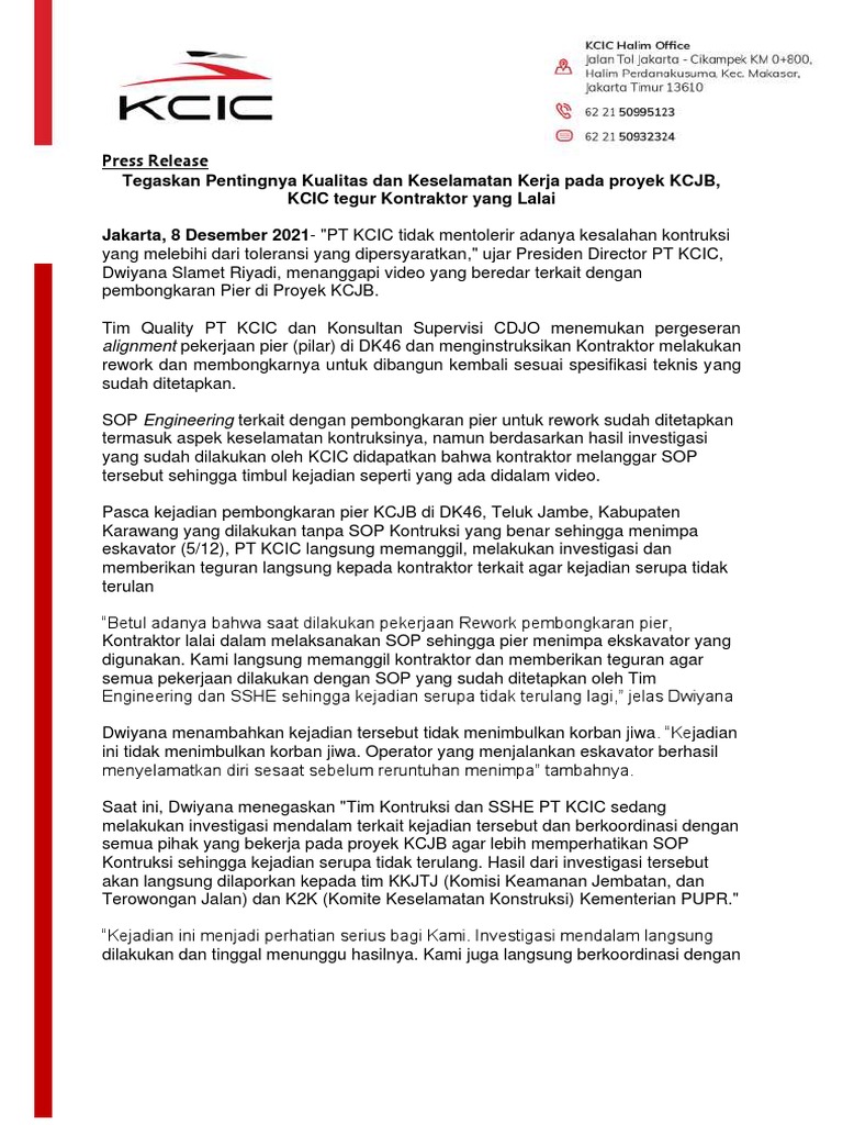 RILIS 08122021 Tegaskan Pentingnya Keselamatan Kerja Pada Proyek KCJB, KCIC Tegur Kontraktor ...