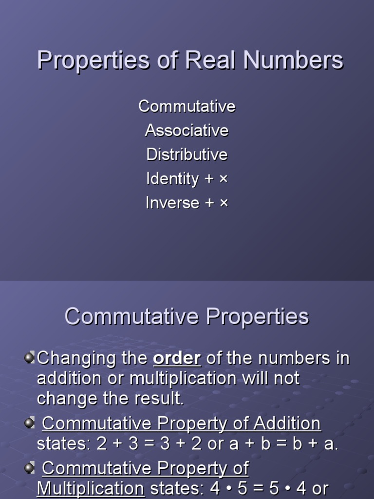 Properties of Real Numbers Explained | PDF | Multiplication | Abstract ...