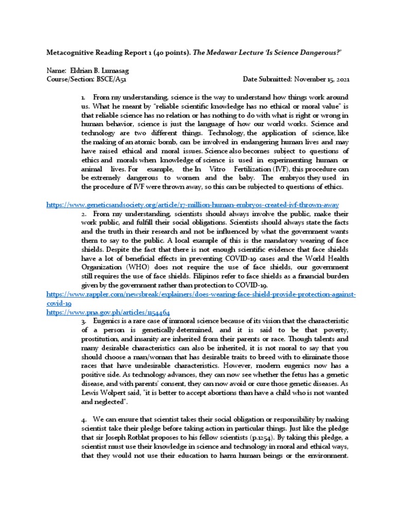 Metacognitive Reading Report 1 | PDF | Science | Eugenics