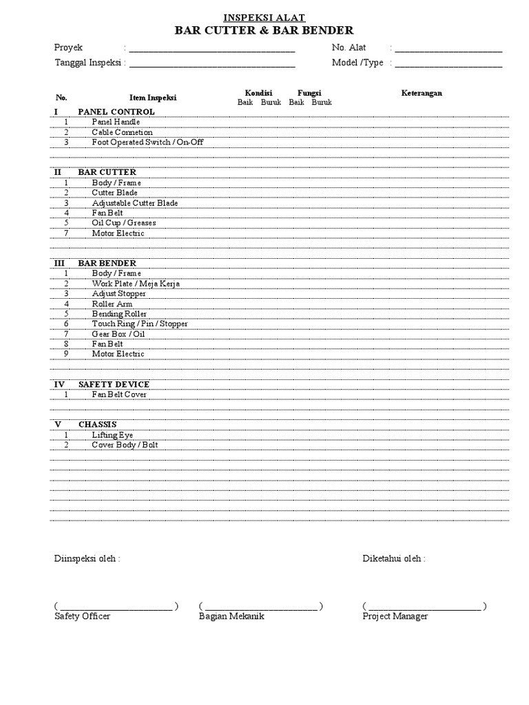 Bar Cutter and Bender Inspection Checklist | PDF | Home & Garden ...