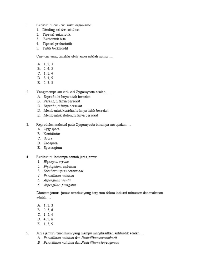Soal dan Ciri-Ciri Jamur | PDF