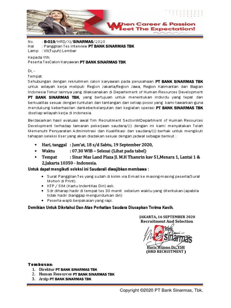 Undangan Tes Interview PT Bank Sinarmas, TBK - Jakarta | PDF