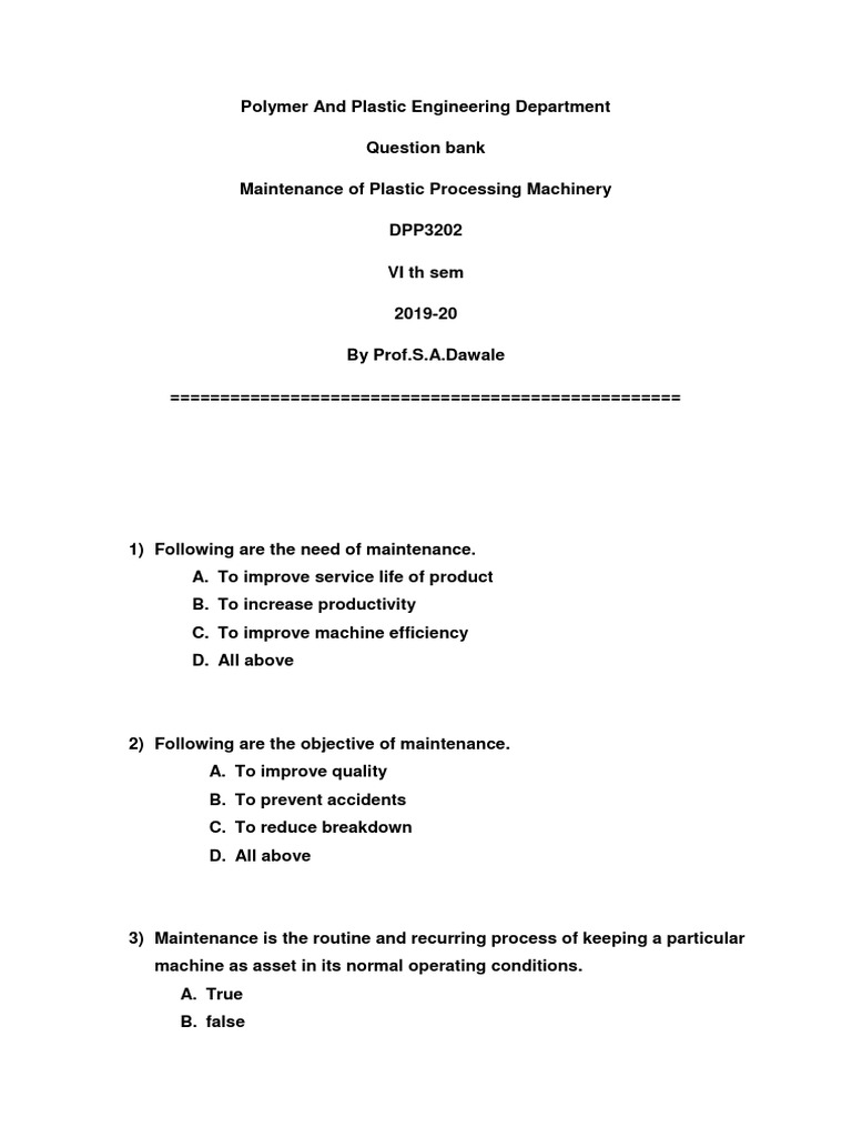 Polymer - Diploma - MAINTENANCE OF PLASTIC PROCESSING MACHINERY DPP3202 ...