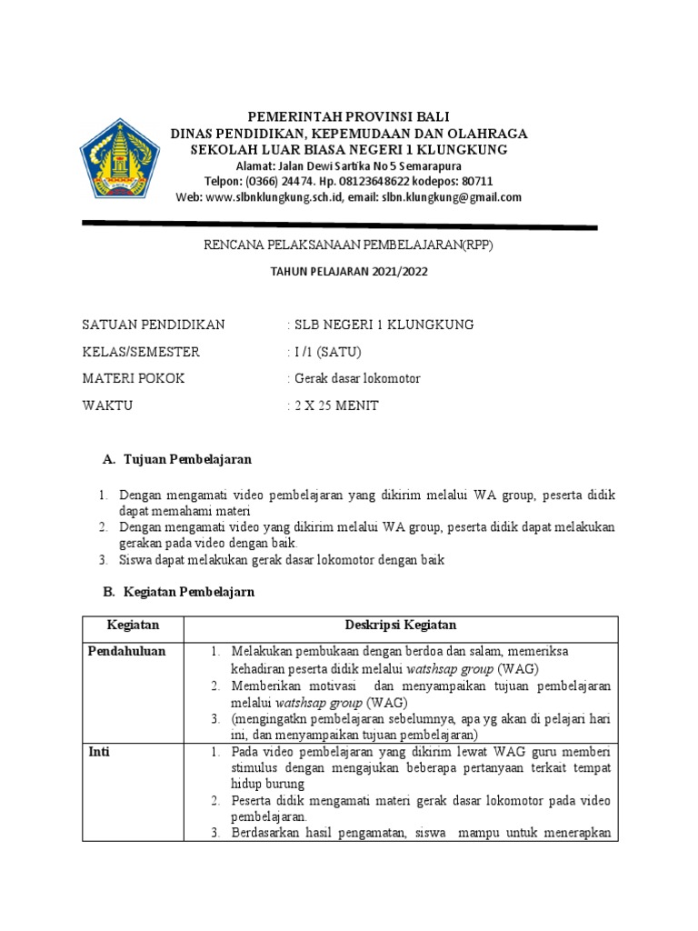RPP PJOK SDLB Kelas 1 Semester 1 | PDF
