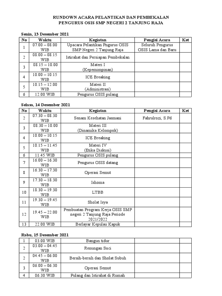 Rundown Acara Pelantikan Dan Pembekalan | PDF