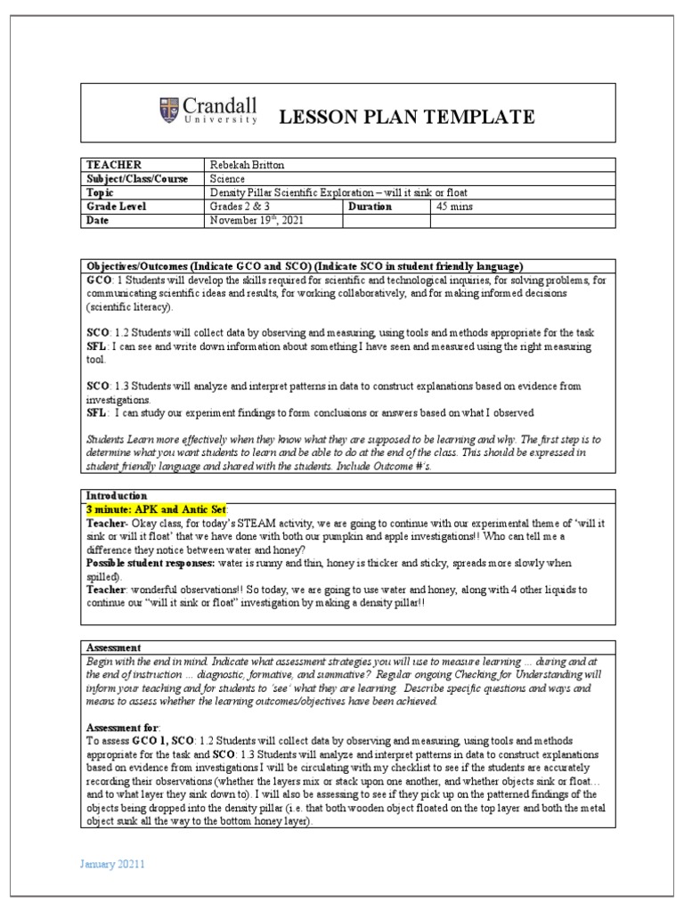 Density Pillar Science Lesson Plan | PDF | Educational Assessment | Density