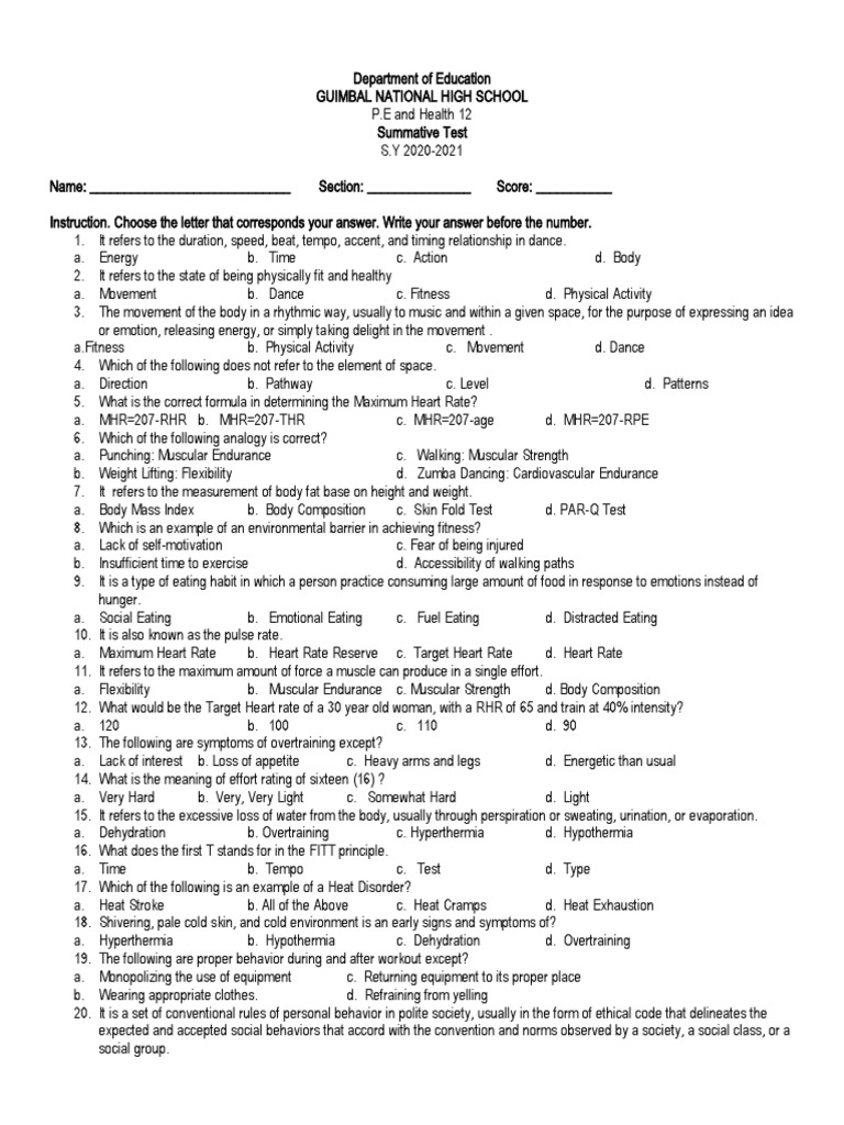 Summative Test P.E HEALTH 12 | PDF | Hyperthermia | Physical Fitness
