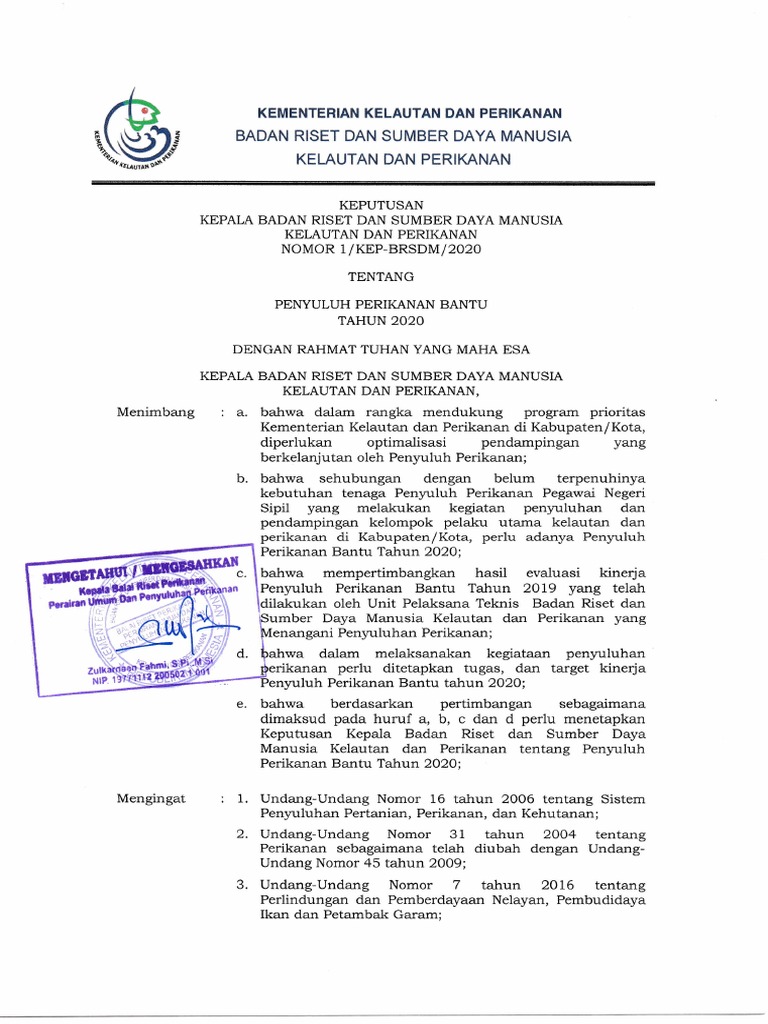 SK Kaban BRSDM Tentang Penyuluh Perikanan Bantu 2020 | PDF