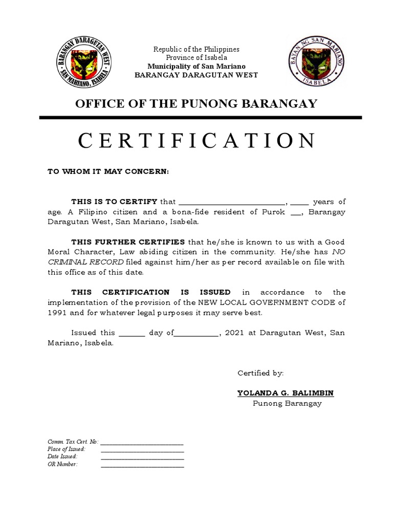 Certification: Office of The Punong Barangay | PDF | Public Law | Justice
