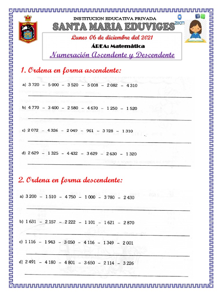 Ejercicios de Números Ascendentes y Descendentes | PDF