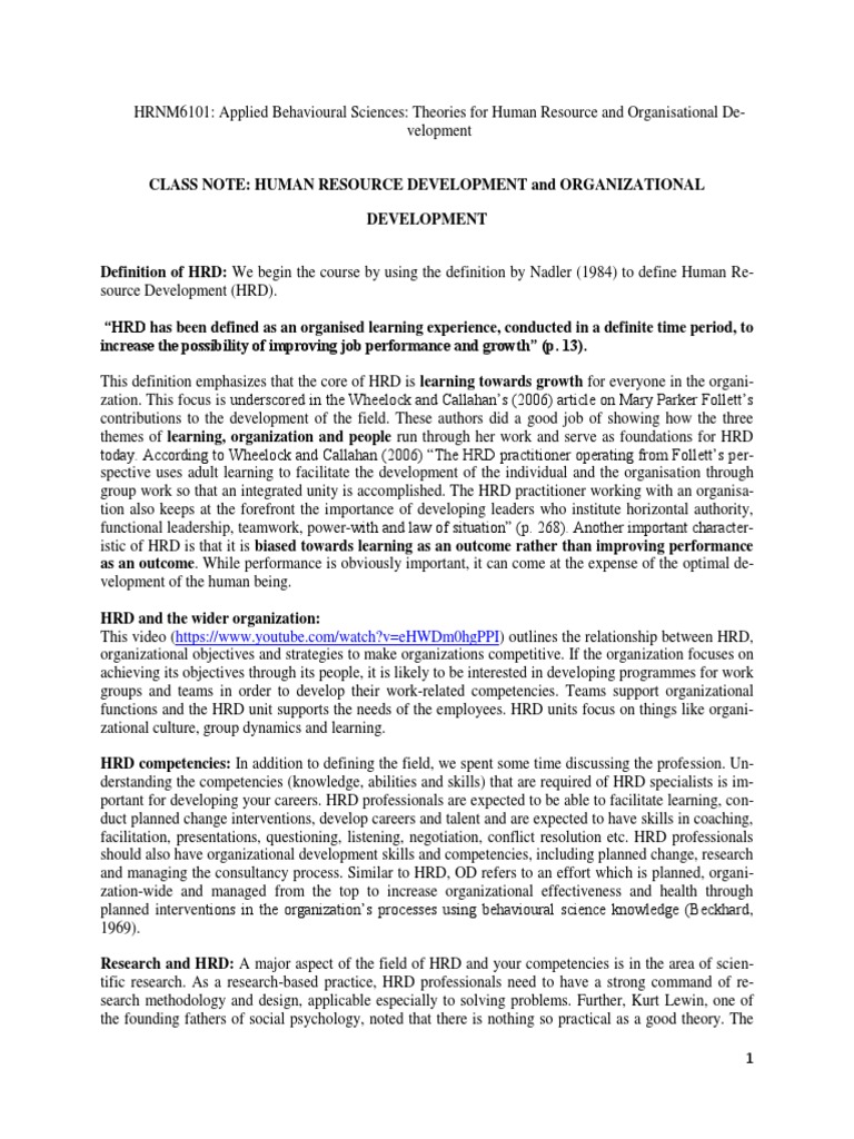 Class Note - Human Resource Development and Organizational Development ...