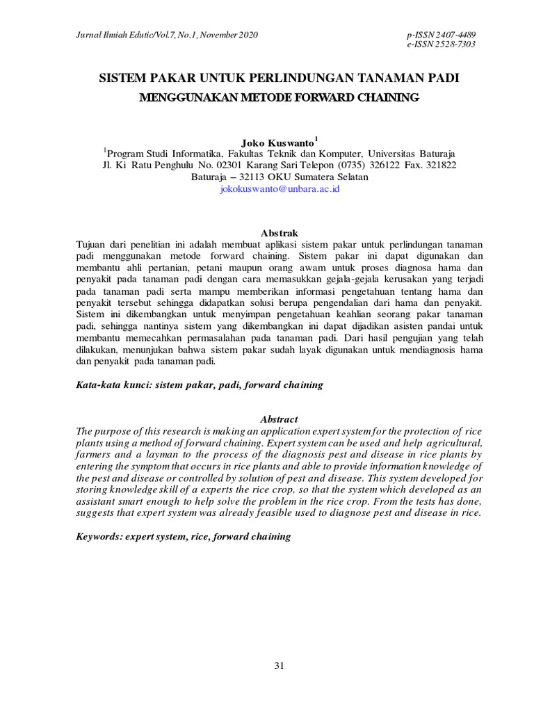 Sistem Pakar Untuk Perlindungan Tanamna Padi Menggunakan Metode Forward Chaining | PDF