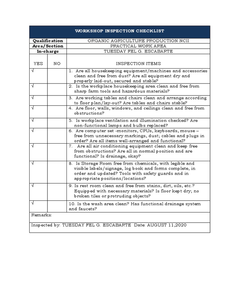 Workshop Inspection Checklist TUESDAY | PDF