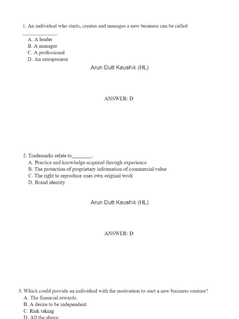 Entrepreneurship Development MCQ (Multiple Choice Questions) | PDF