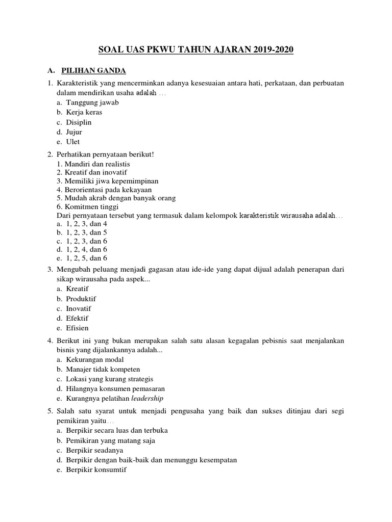 Soal Uas Pkwu Tahun Ajaran 2019-2020 | PDF | Bisnis
