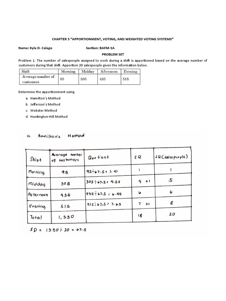 Chapter 5 "Apportionment, Voting, and Weighted Voting Systems" Name ...