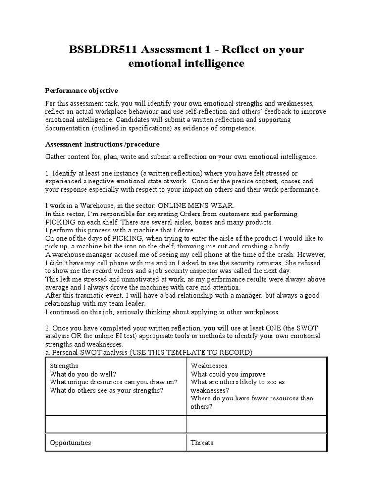BSBLDR511 Assessment 1 - Reflect On Your Emotional Intelligence | PDF | Swot Analysis ...