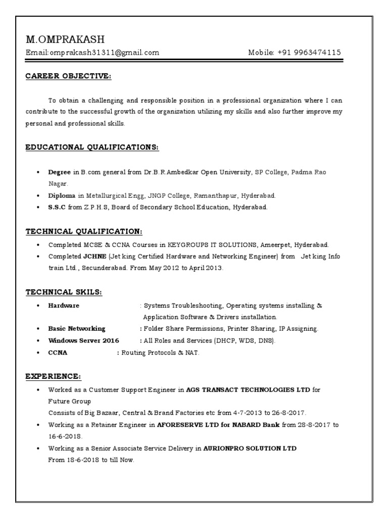 OMPRAKASH Resume Network | PDF | Computer Network | Operating System