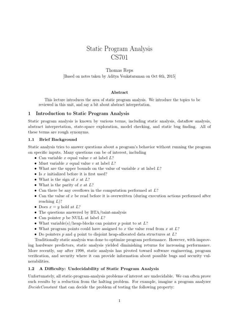 Static Program Analysis CS701: Thomas Reps | PDF | Function (Mathematics) | Computing