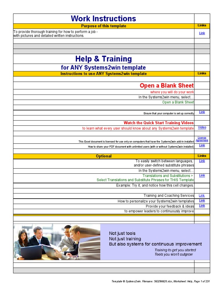 Work Instructions: For ANY Systems2win Template | PDF | Microsoft Excel | Worksheet