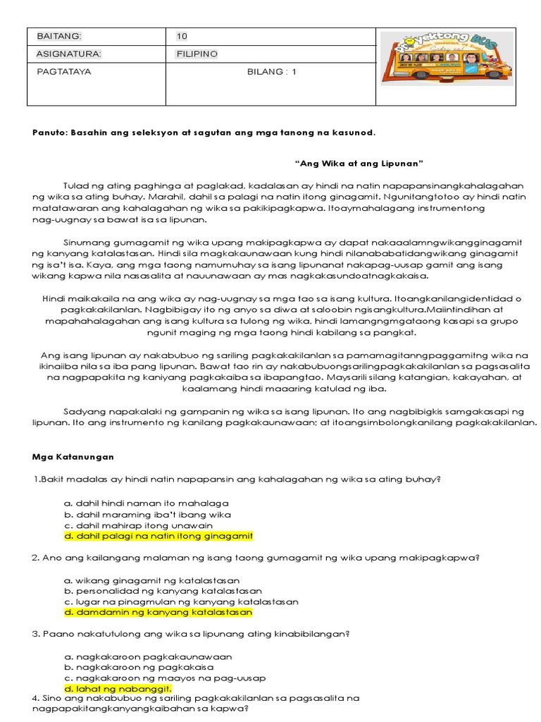 Proyektong Bus Baitang 10 - Pagtataya BLG.1 | PDF