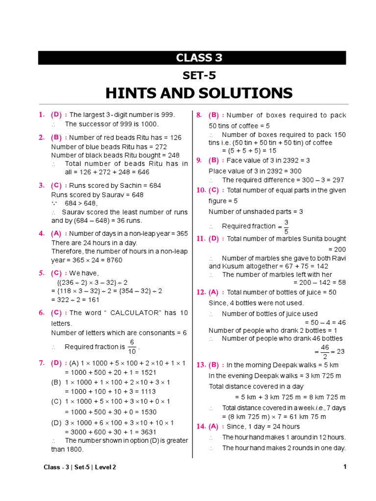 Hints and Solutions: Class 3 | PDF | Mathematics