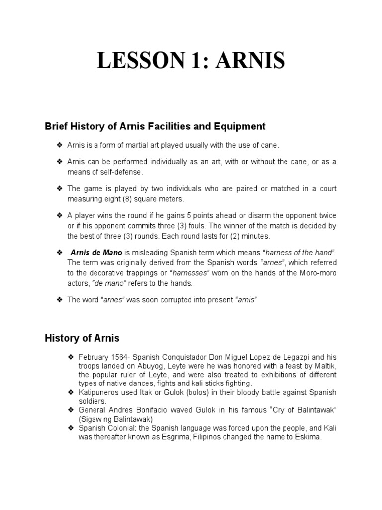 Lesson 1: Arnis: Brief History of Arnis Facilities and Equipment | PDF ...