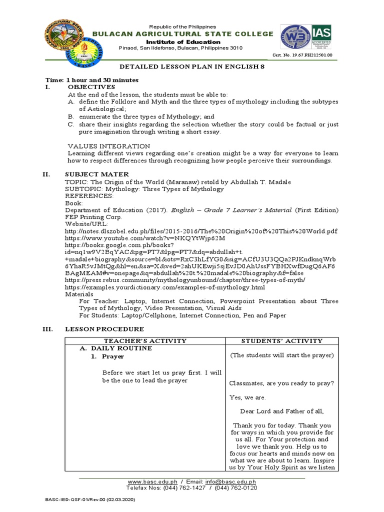 Detailed Lesson Plan in English 8 | PDF | Folklore | Greek Mythology