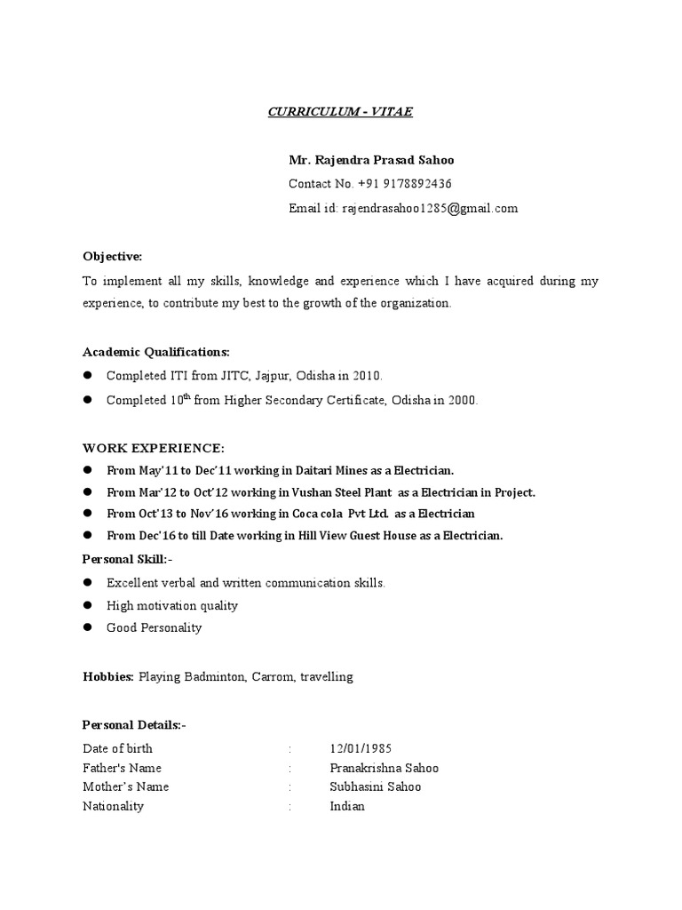 Mr. Rajendra Prasad Sahoo: Curriculum - Vitae | PDF