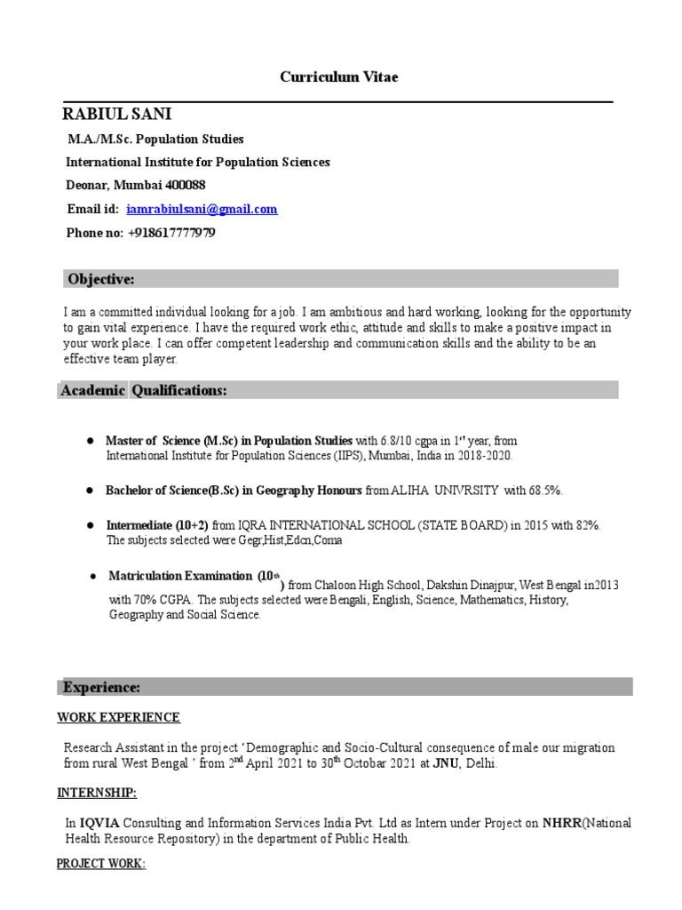 Rabiul Sani: Curriculum Vitae | PDF